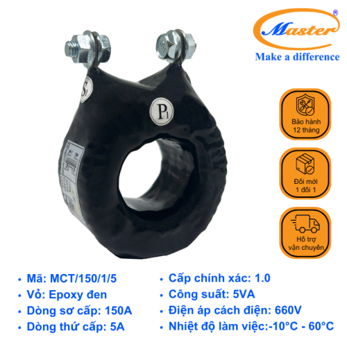 Biến Dòng Đo Lường MCT 150/5A Master - Đúc Epoxy Tròn Đen